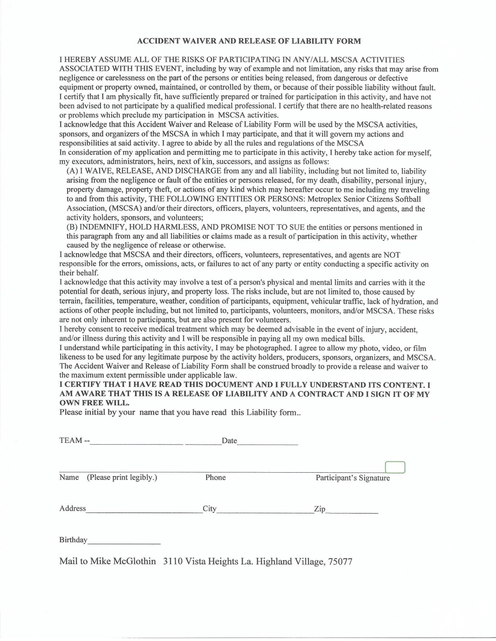 Senior Softball DFW | Forms